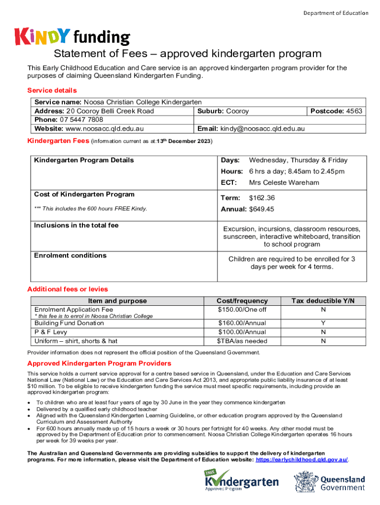 Fillable Online Statement of feesapproved kindergarten program. Statement of feesapproved ...