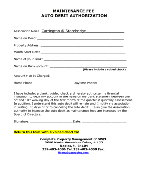Fillable Online MAINTENANCE FEE AUTO DEBIT AUTHORIZATION Fax Email ...