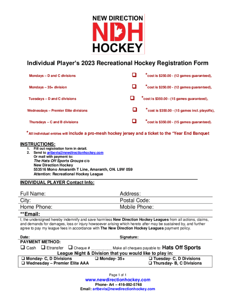 Fillable Online Individual Players 2023 Recreational Hockey ...