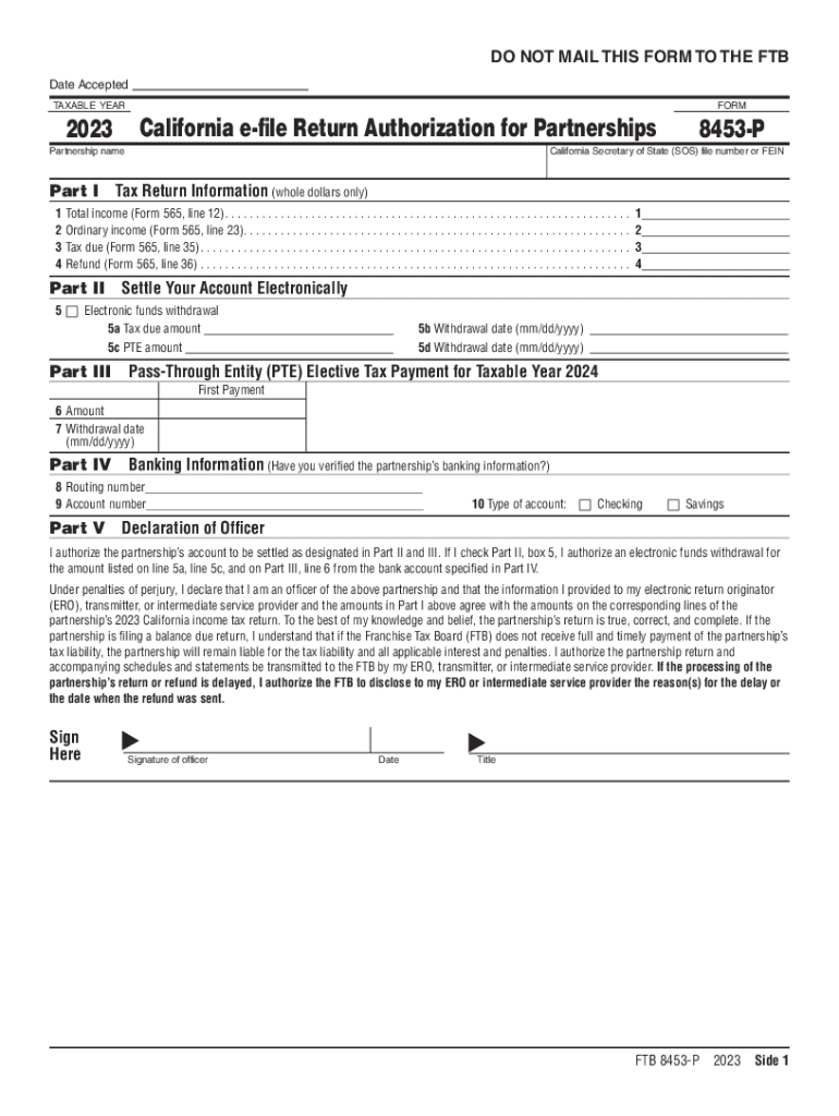 Fillable Online 2023 Form 8453-P California e-file Return Authorization ...