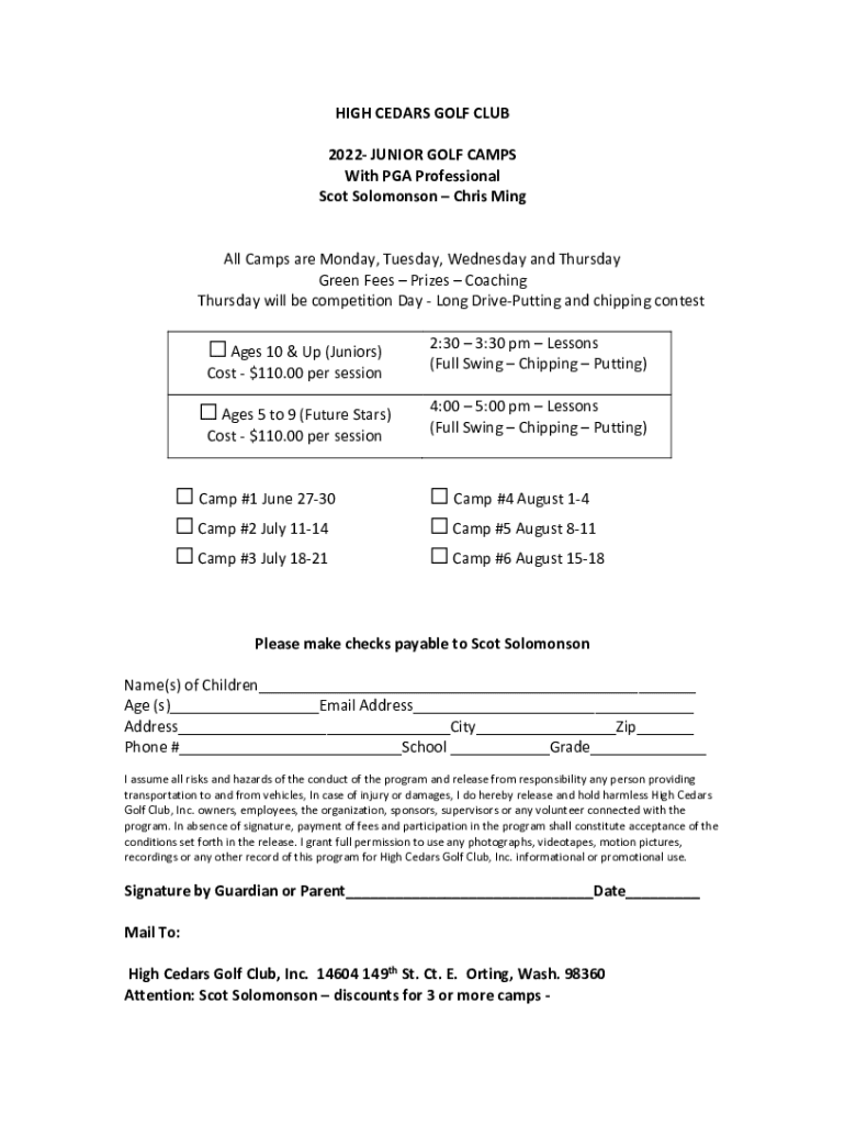 Fillable Online All Camps are Monday, Tuesday, Wednesday and Thursday ...