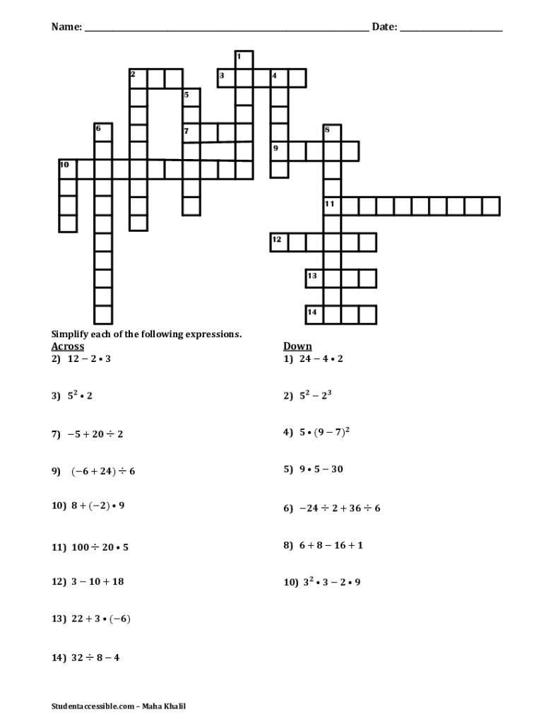 Fillable Online Answer Key for Order of Operations Crossword Puzzle III ...