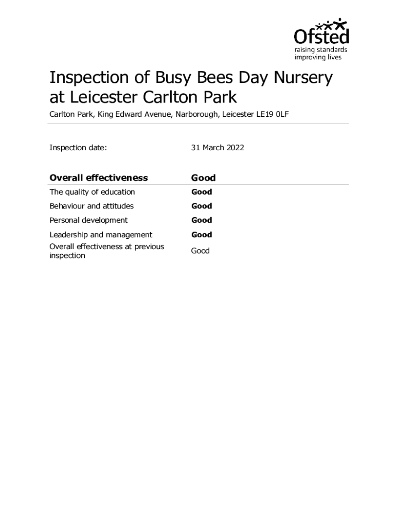 Fillable Online Inspection of Busy Bees Day Nursery at Leicester ...