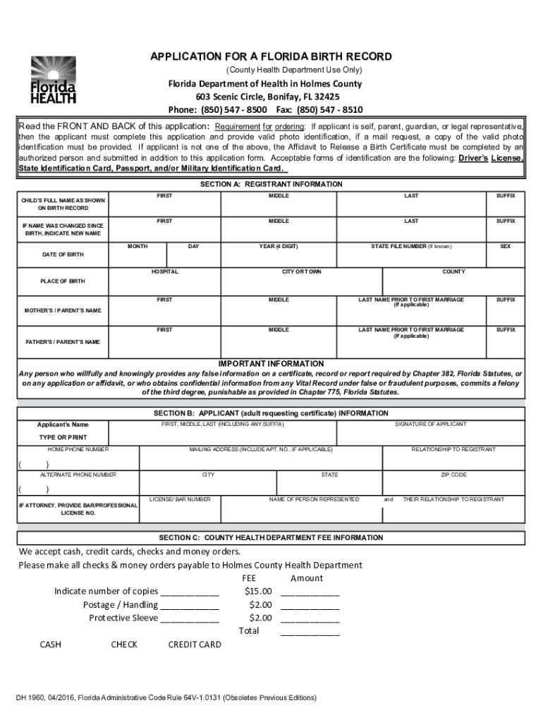 Fillable Online holmes floridahealth Birth CertificationsFlorida Department of Health in Holmes ...