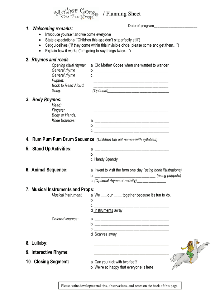 Fillable Online Mother Goose on the Loose/Planning Sheet Fax Email ...
