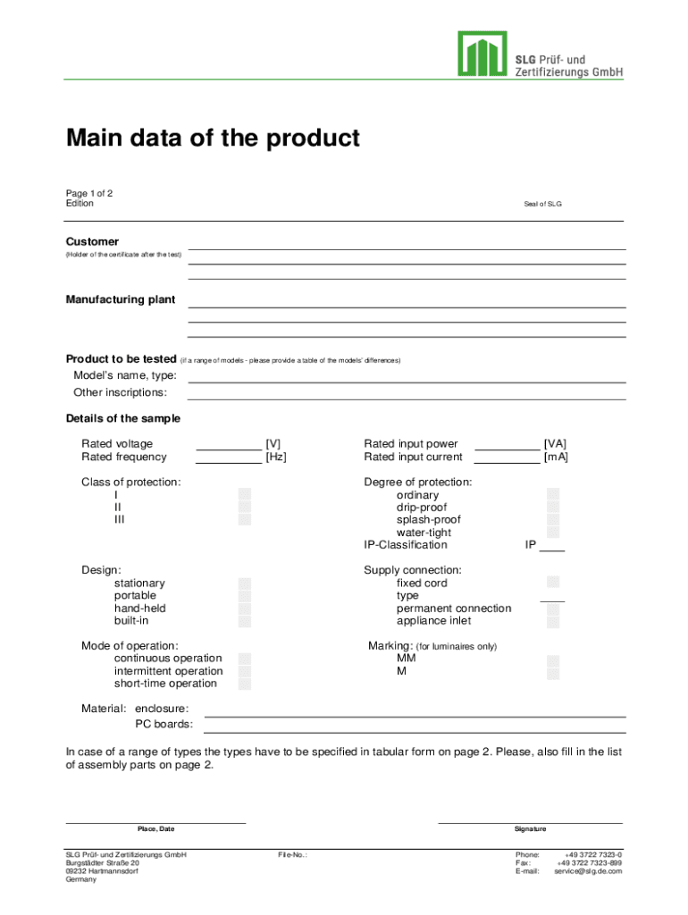 Fillable Online SLG form "Main Data of the Product" Fax Email Print ...
