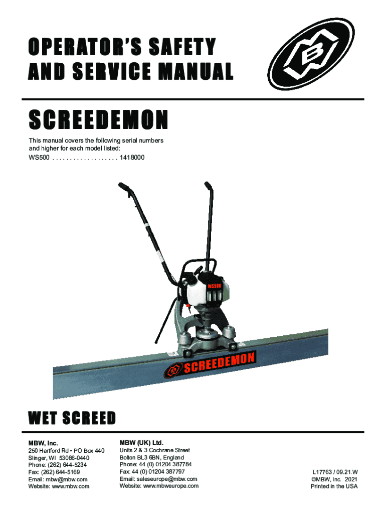 Fillable Online MBW ScreeDemon Operator's Safety And Service Manual Fax ...