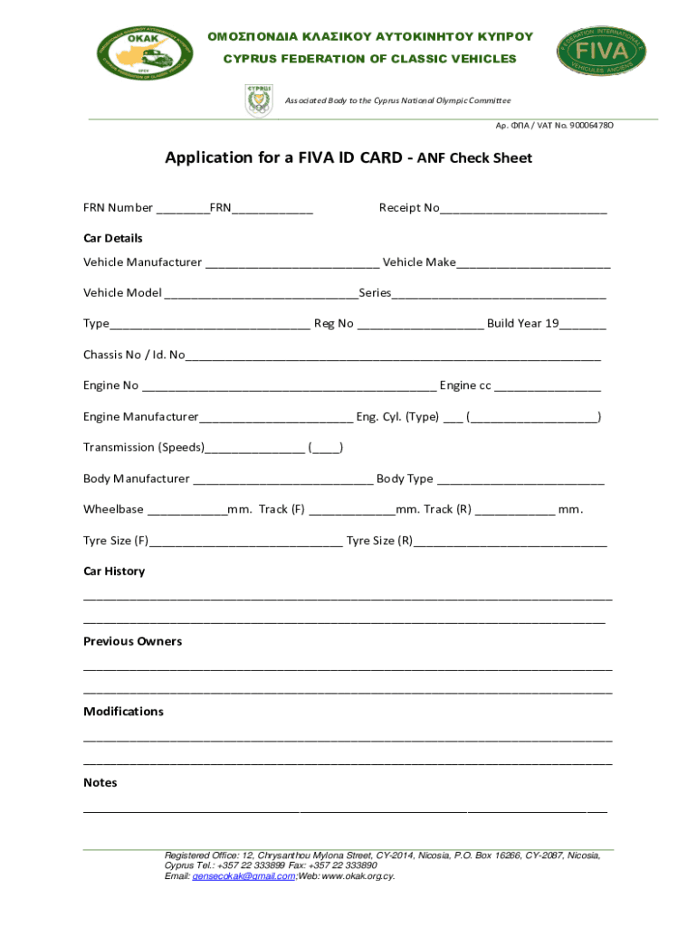 Fillable Online Application for a FIVA ID CARD - ANF Check Sheet Fax ...
