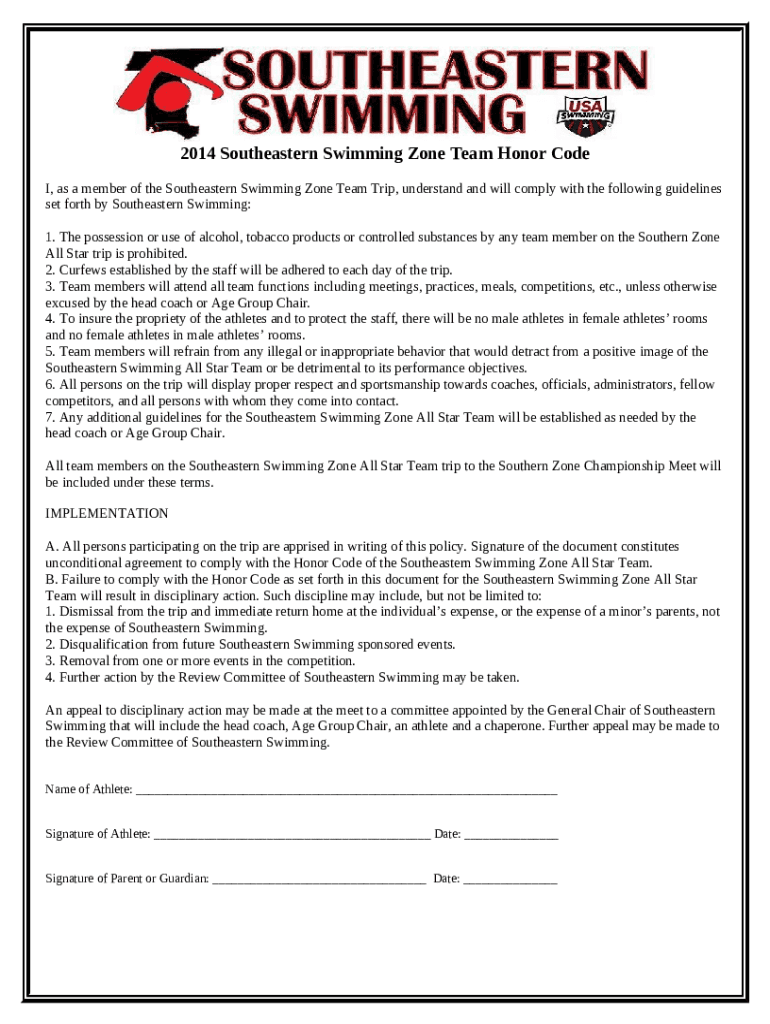Southeastern Swim Club HONOR CODE Doc Template | pdfFiller