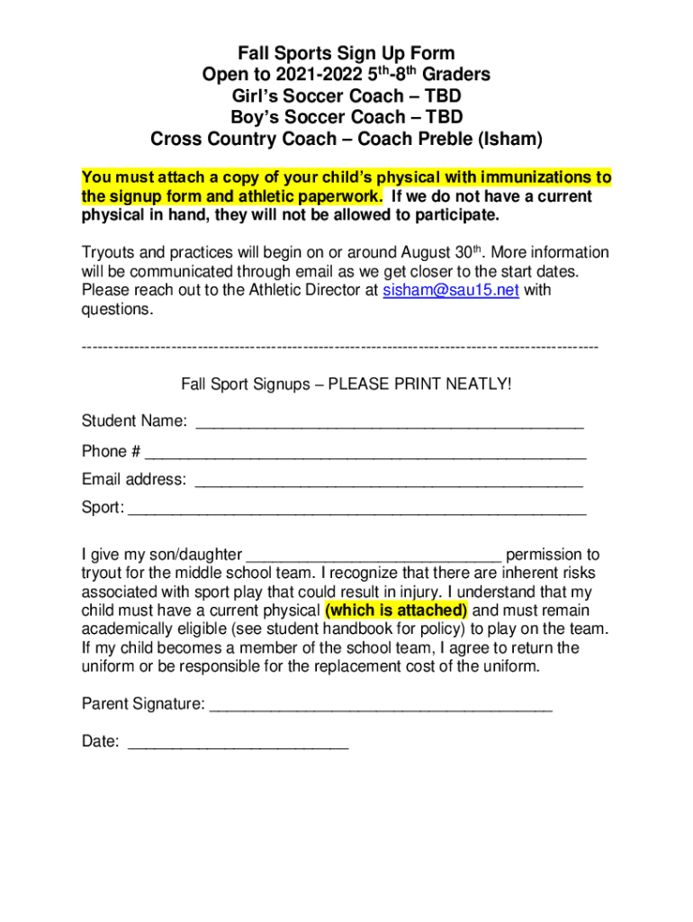 Fillable Online candia sau15 Fall Sports Sign Up Form Open to 2021-2022 ...