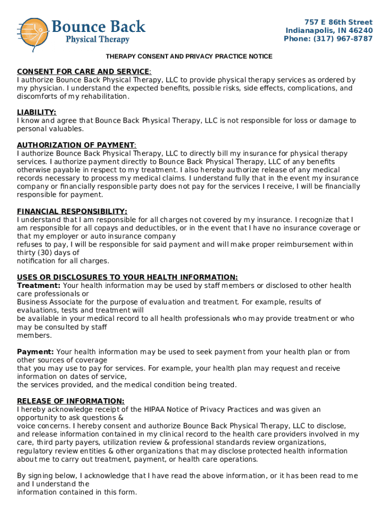 Consent - Elevate Physical Therapy and Fitness Doc Template | pdfFiller