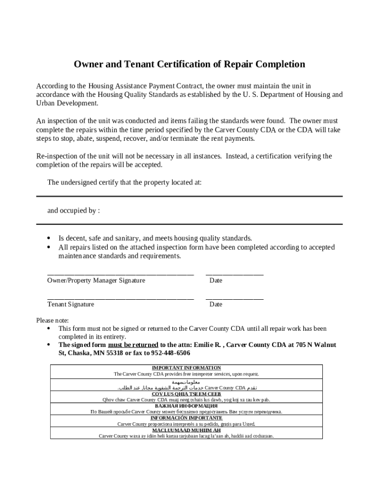 Owner and Tenant Certification of Repair Completion Doc Template ...