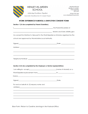 Fillable Online Work Experience Parents and Employer Consent Form Fax ...