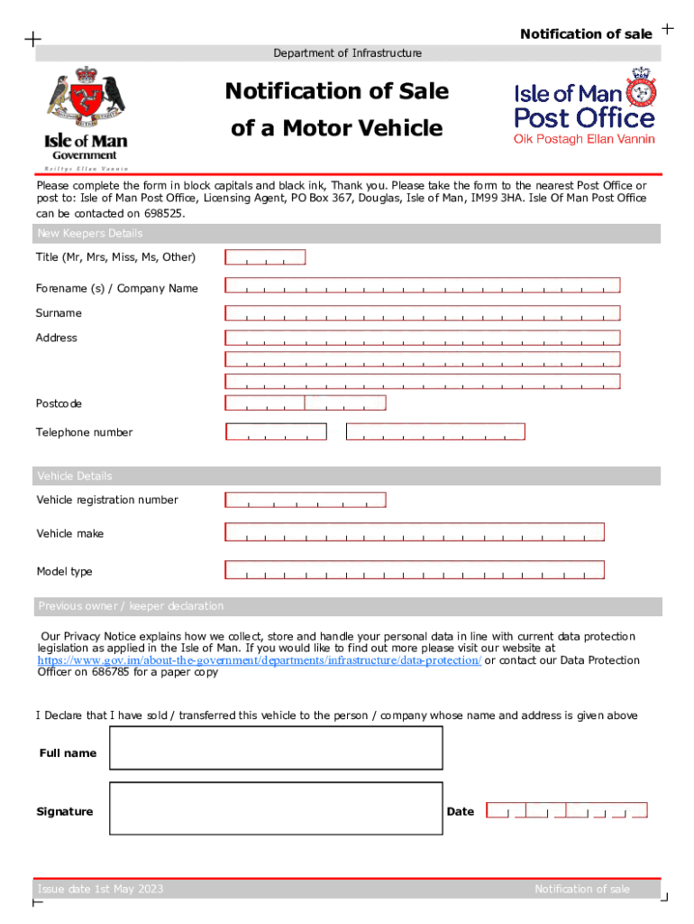 Fillable Online Fillable Online Notification of Sale of a Motor Vehicle ...