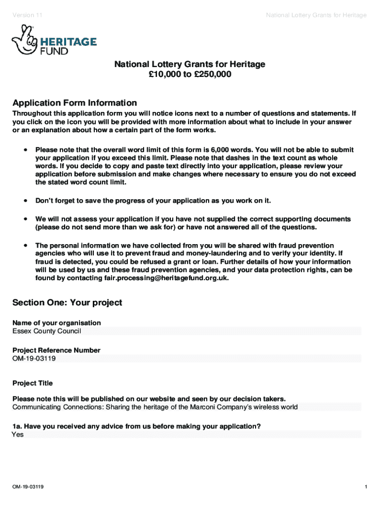 Fillable Online National Lottery Grants for Heritage 10000 to 250000 ...