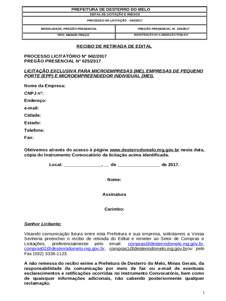 recibo de retirada de edital. processo licitatrio n 004/ ... Doc Template | pdfFiller