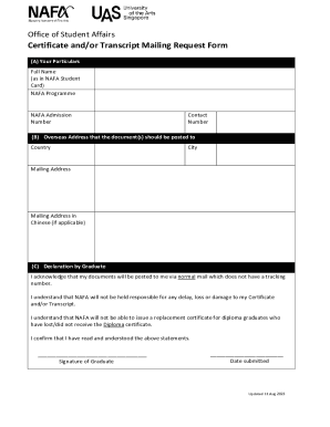 Fillable Online Certificate and/or Transcript Mailing Request Form Fax ...