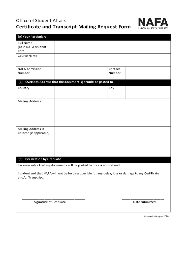 Fillable Online Certificate and Transcript Mailing Request Form Fax ...