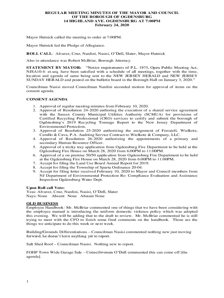 Fillable Online ROLL CALL: Alvarez, Cruz, Nardini, Nasisi, ODell ...