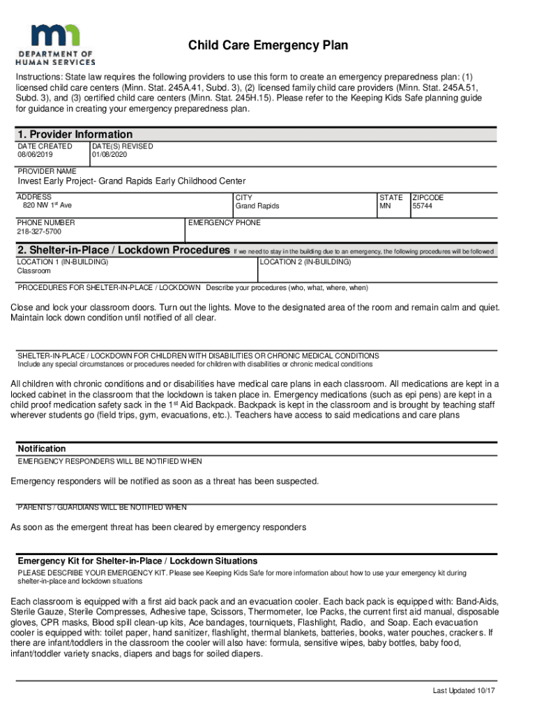 Fillable Online Child Care Emergency Plan - Calvary Early Learning Fax ...