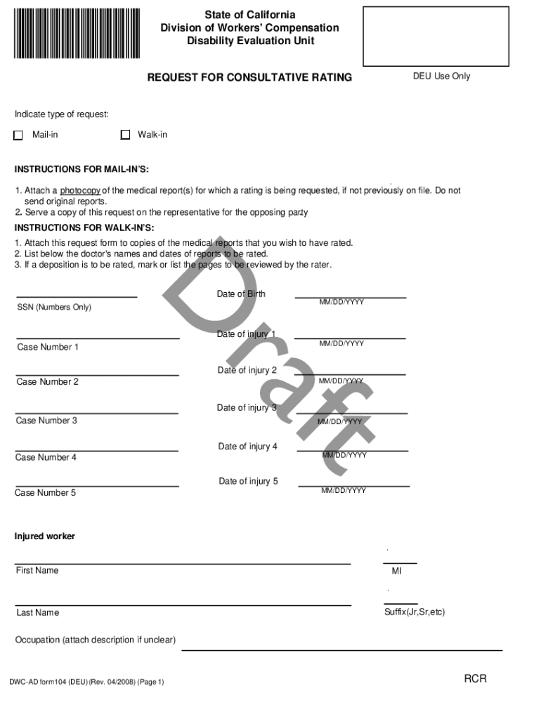 Fillable Online Request For Consultative Rating DWC-AD 104 (DEU) Fax ...
