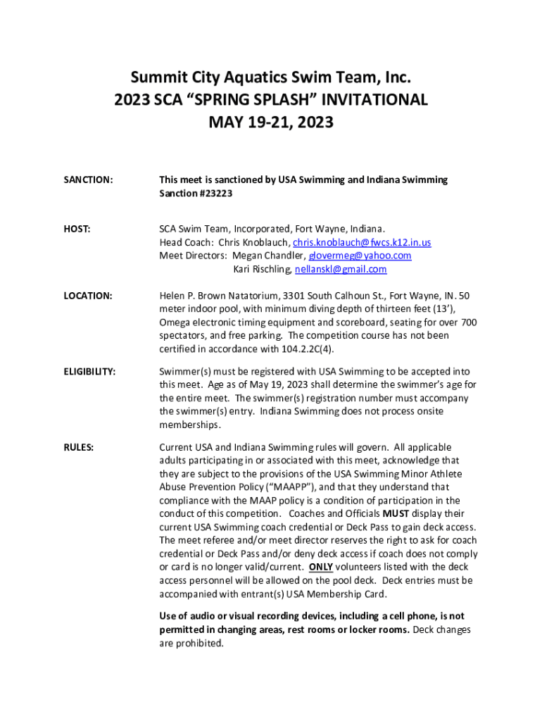 Fillable Online Summit City Aquatics Swim Team, Inc. 2023 SCA SPRING ... Fax Email Print - pdfFiller