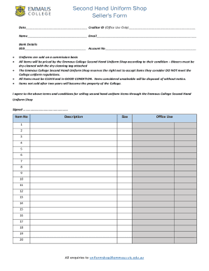 Fillable Online Second Hand Uniform Shop Sellerss Form Emmaus College ...