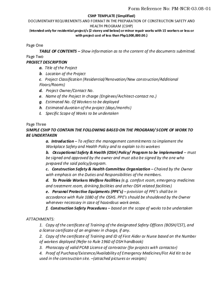 Fillable Online Cshp Template for Small Construction Projects Form Fax ...