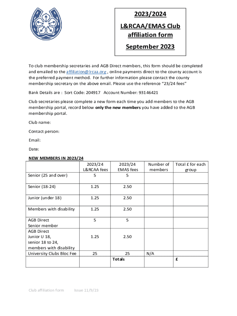 Fillable Online 2023/2024 L&RCAA/EMAS Club affiliation form September 2023 Fax Email Print ...