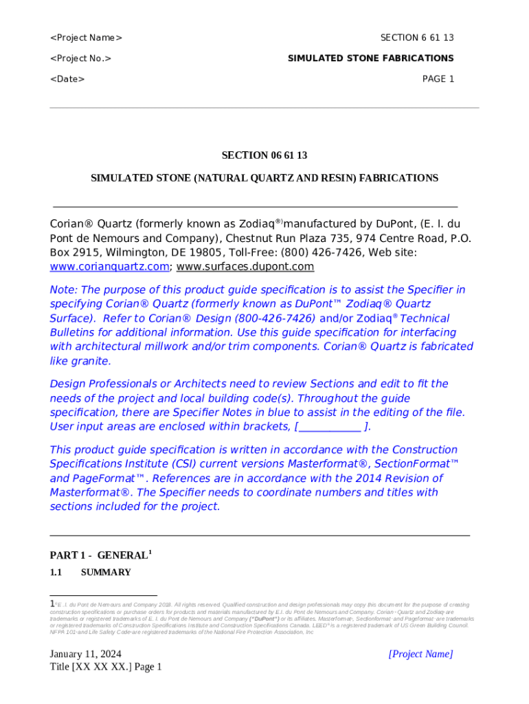 section 06 61 13 - Corian quartz Doc Template | pdfFiller