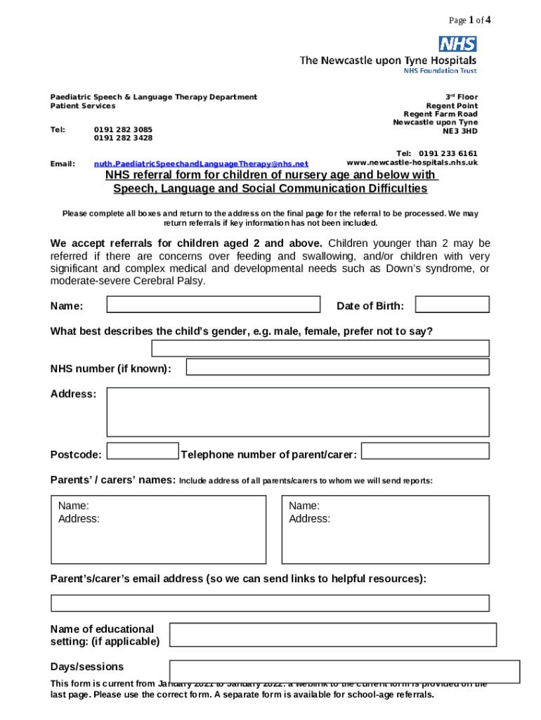 NHS referral for school age children and ... Doc Template | pdfFiller