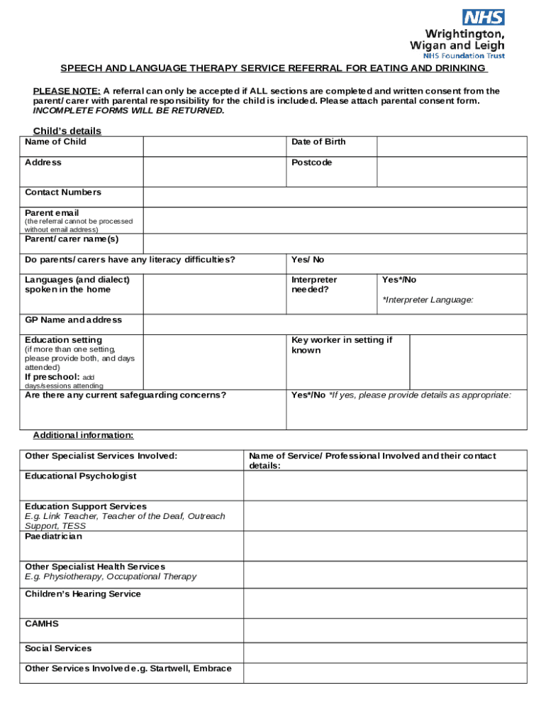 Speech and Language Therapy Service Referral - Blank Fillable Template ...