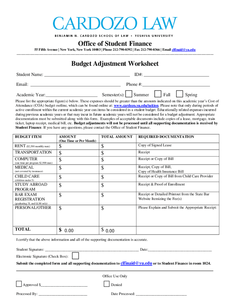 Fillable Online cardozo yu Budget Adjustment Worksheet Fax Email Print ...