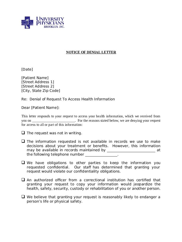Sample Letter Denying Request to Obtain a Copy of PHI Doc Template ...