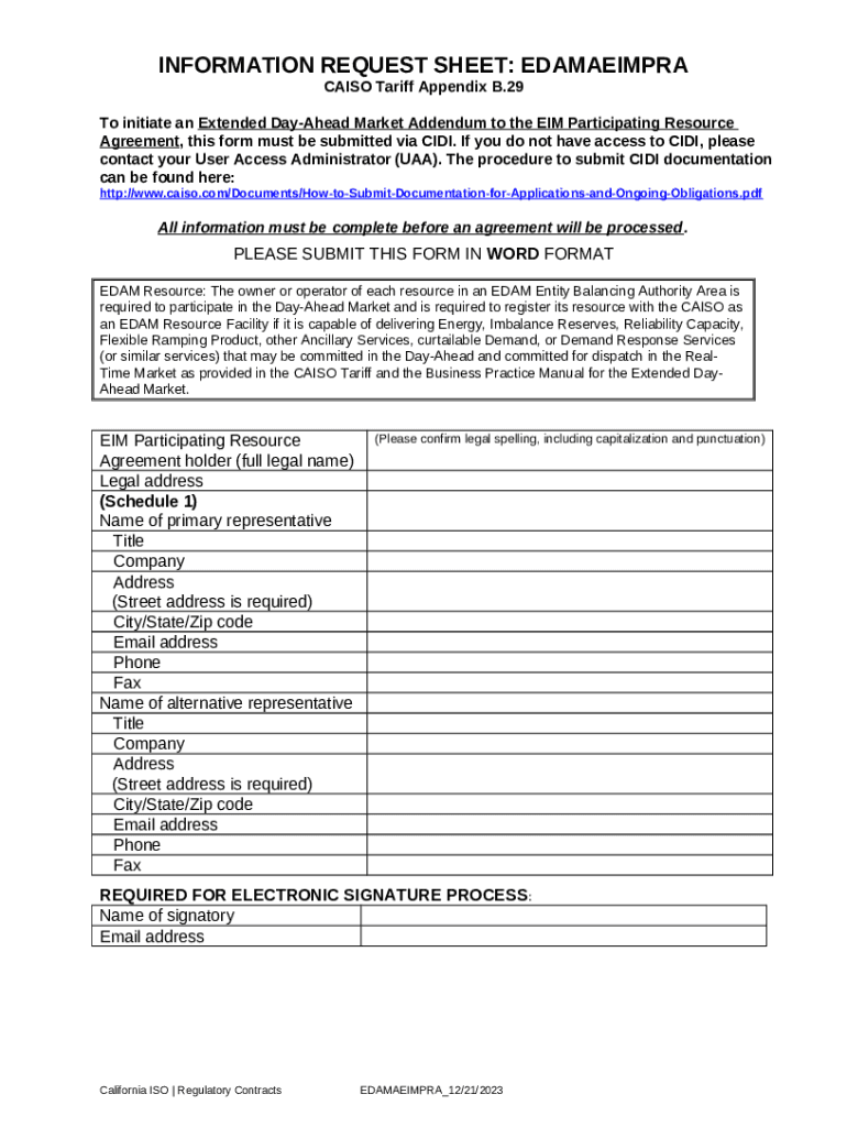 EDAM Addendum to the EIM Participating Resource Agreement Ination Request Sheet Doc Template ...