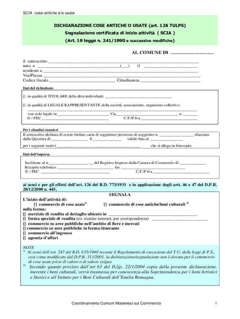 Compilabile Online modello SCIA per la vendita di cose antiche o usate ...
