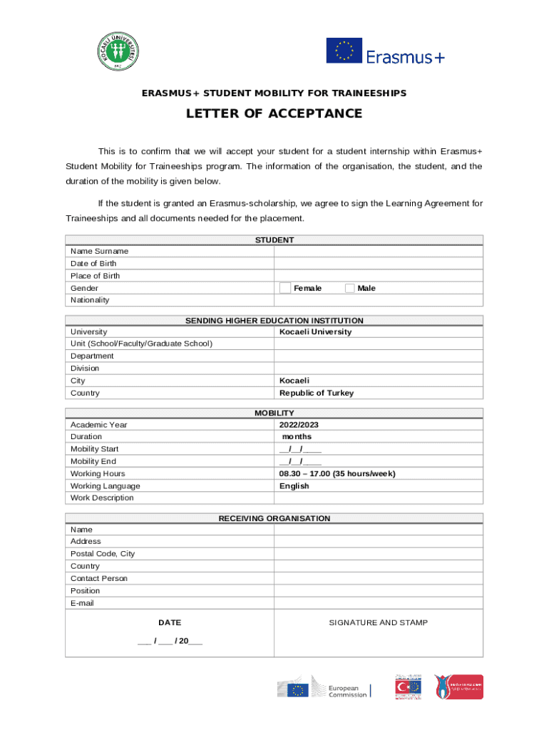 LETTEROF ACCEPTANCE FOR ERASMUS ... - int kocaeli edu Doc Template ...