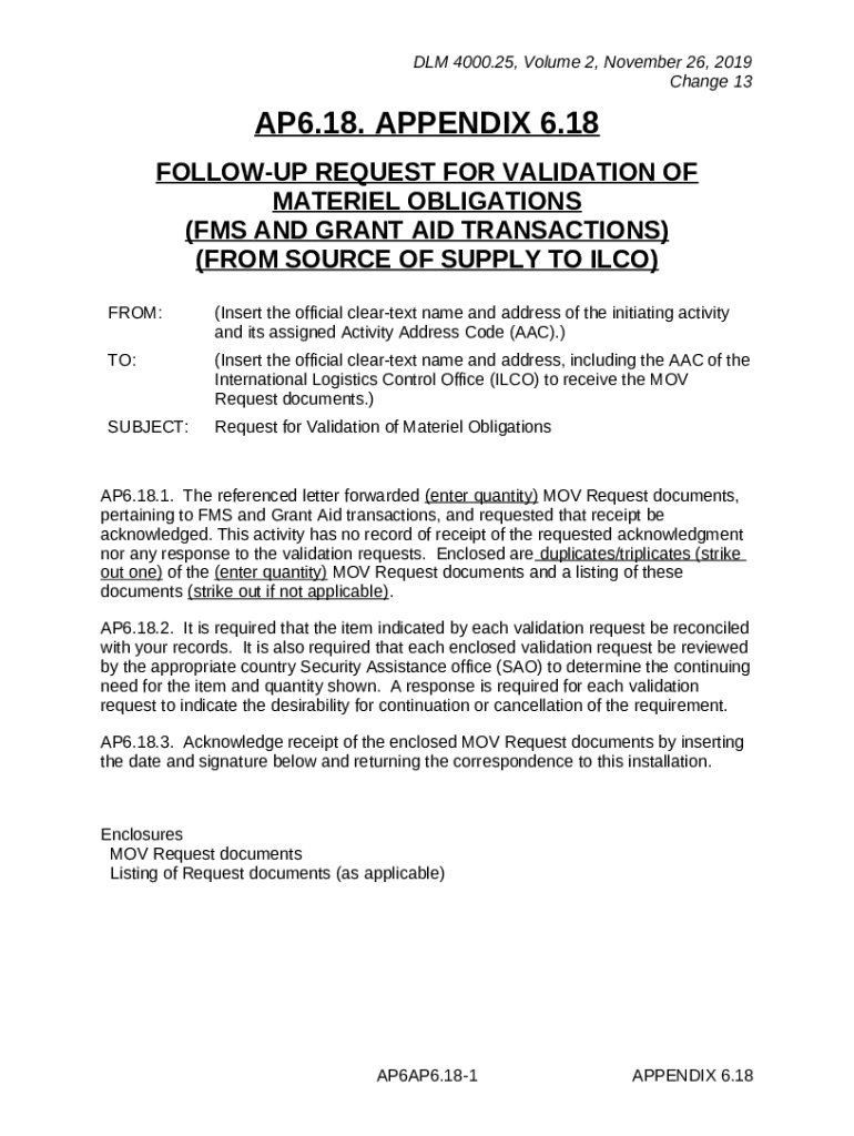 Appendix 6.18 - Follow-up Request for Validation of Materiel ...