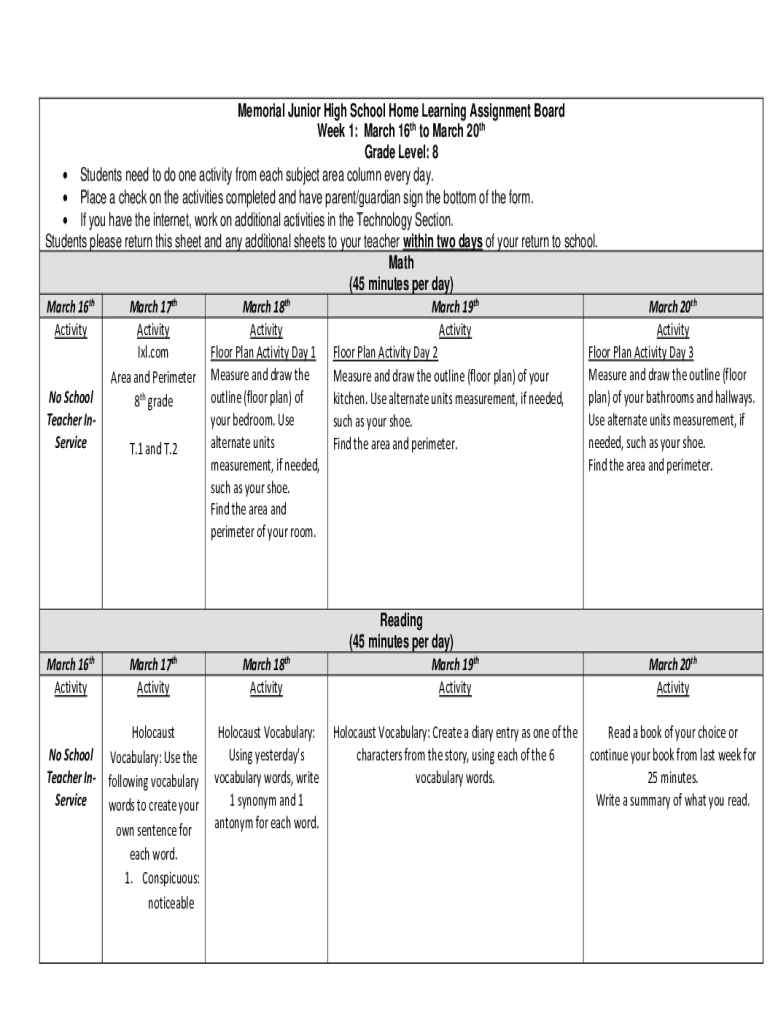 Fillable Online Memorial Junior High School Home Learning Assignment ...
