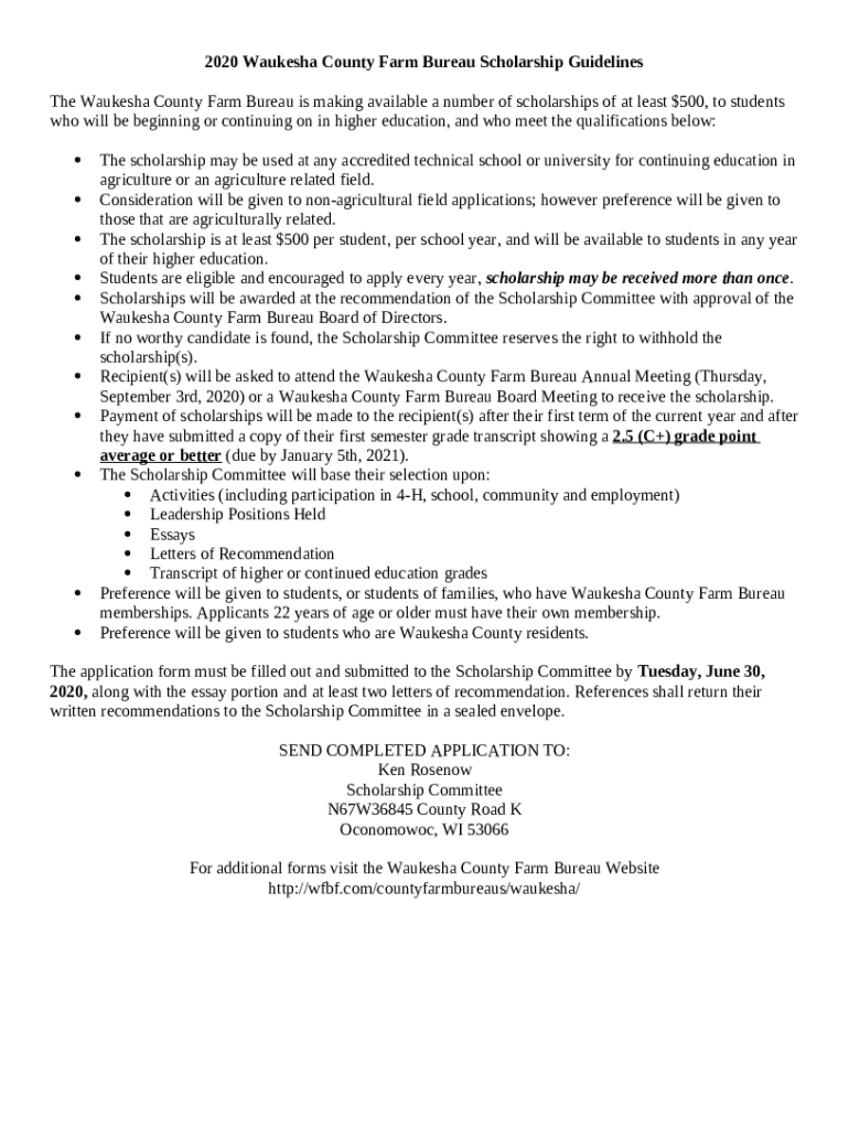Online Waukesha County Farm Bureau Scholarship Fax ... Doc Template | pdfFiller
