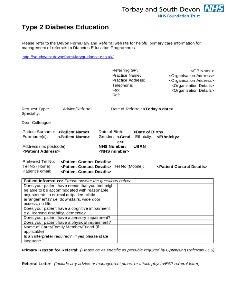 Type 2 Diabetes Education Referral - Devon ulary Doc Template | pdfFiller