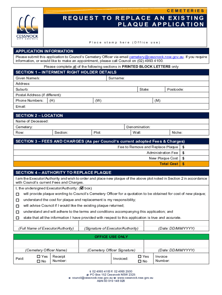 Fillable Online Request to Replace an Existing Plaque Application Fax Email Print - pdfFiller