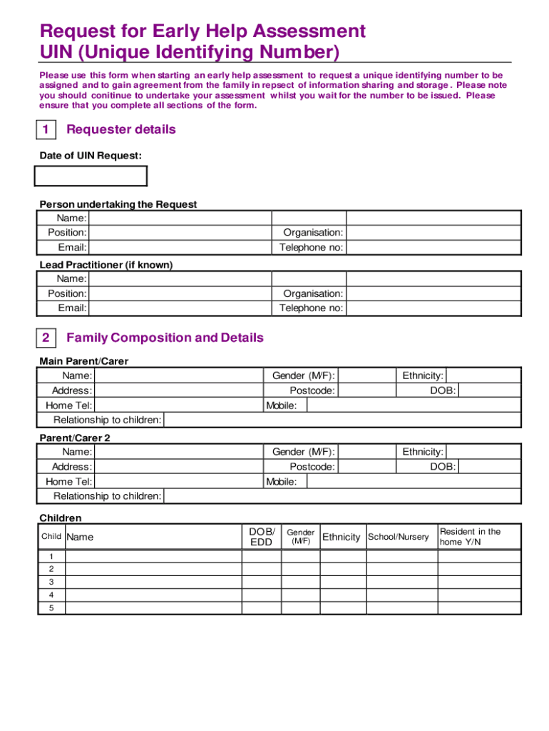 Fillable Online Early Help Assessment - Unique identifying number ...