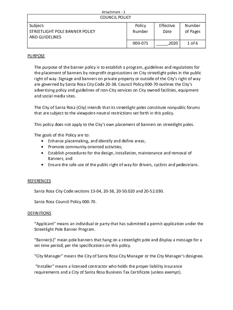 Fillable Online STREETLIGHT POLE BANNER POLICY AND GUIDELINES Policy ...