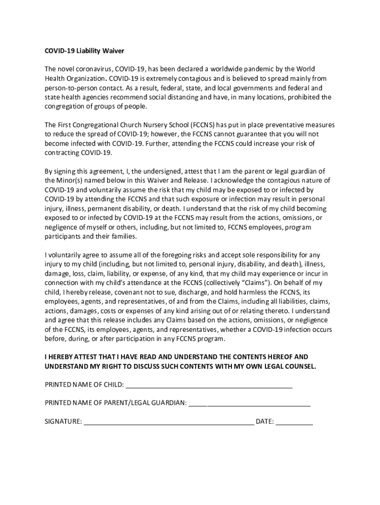 Fillable Online Form CenterCommunicable Disease Liability Waiver Fax Email Print - pdfFiller