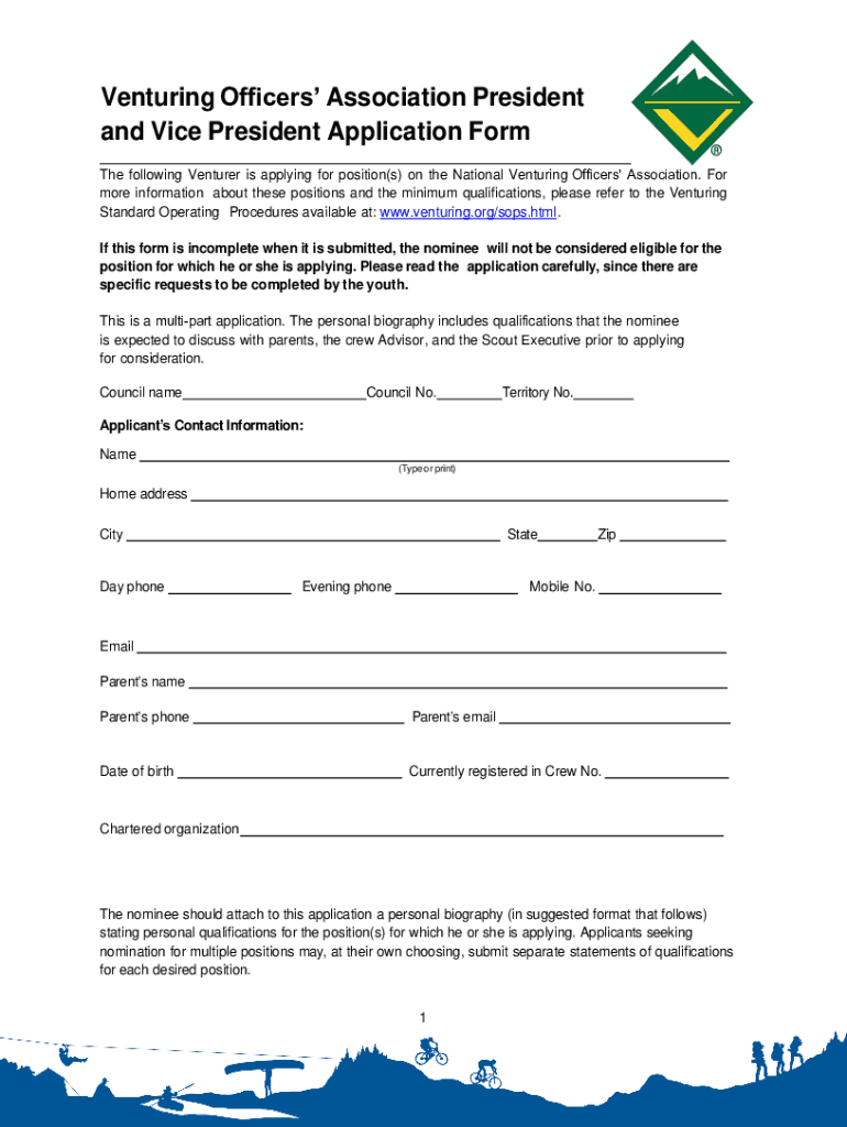 Fillable Online Venturing Officers' Association President and Vice ...