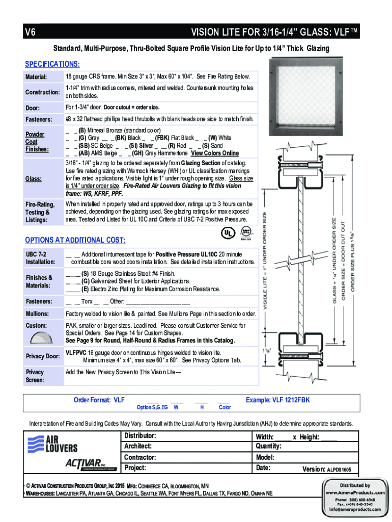 Fillable Online Air Louvers VLF-SG Vision Lite Frame with 12 Ga ...