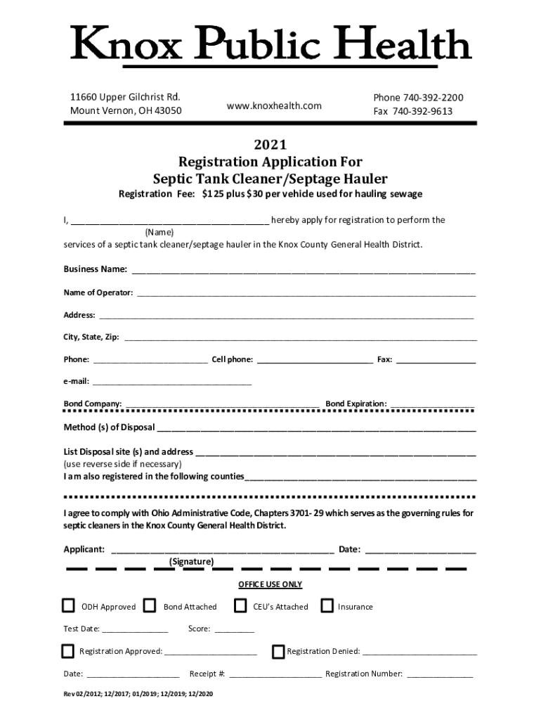 Fillable Online 2021 Registration Application For Septic Tank Cleaner/ ... Fax Email Print ...