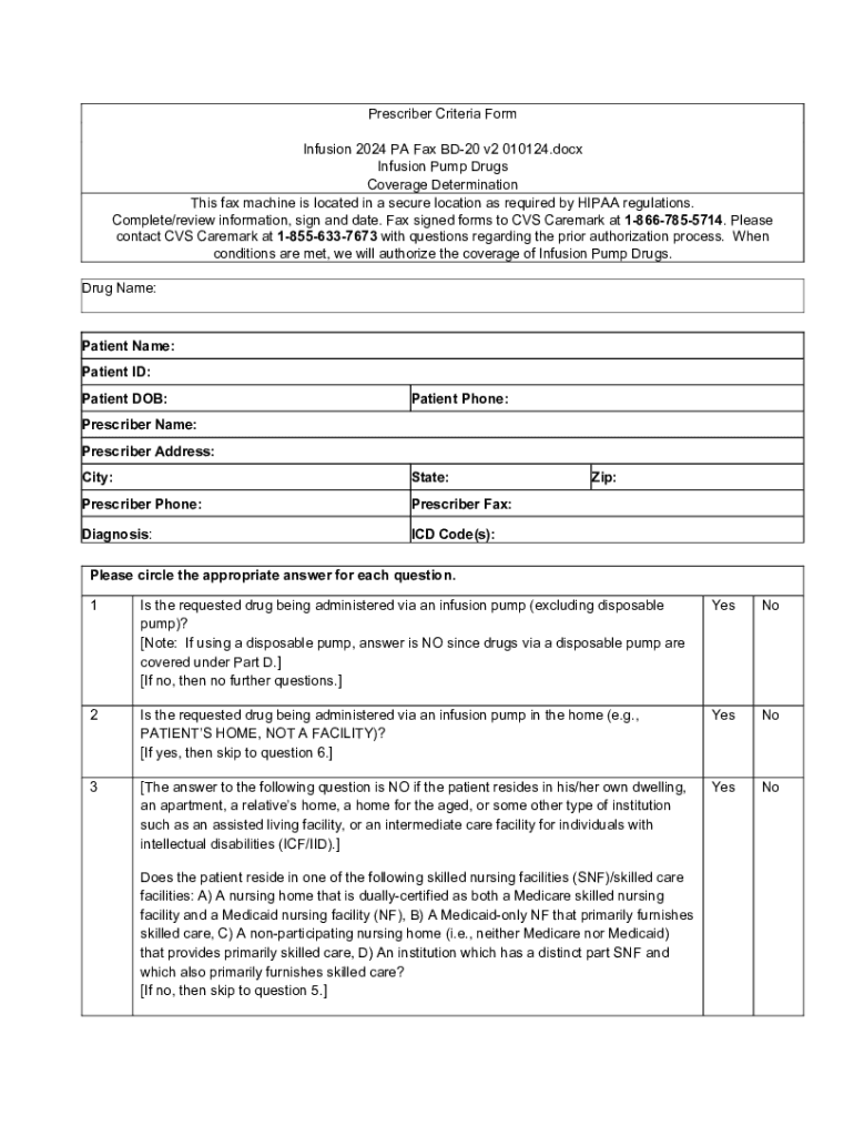 Fillable Online Infusion 2024 PA Fax BD-20 v2 010124. Prescriber Criteria Form Fax Email Print ...