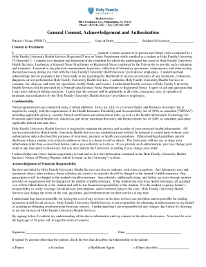 Fillable Online General Consent, Acknowledgement and Authorization Holy ...